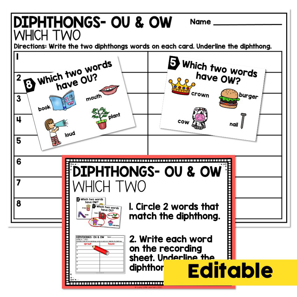 Editable - 1st Grade Phonics Center - Diphthongs OU and OW - Lucky ...