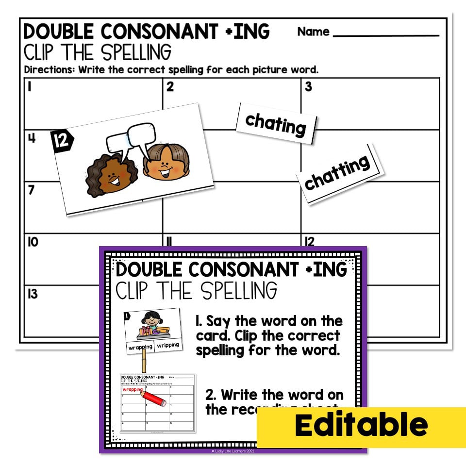 Editable - 1st Grade Phonics Center - Double Consonant ing - Lucky ...