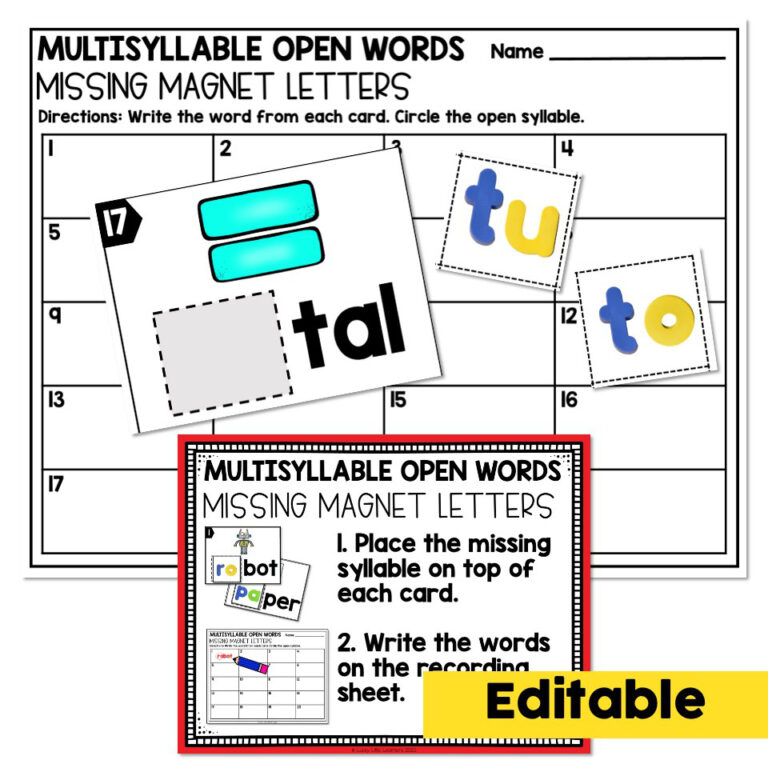 Editable - 1st Grade Phonics Center - Multisyllable Open Words - Lucky ...