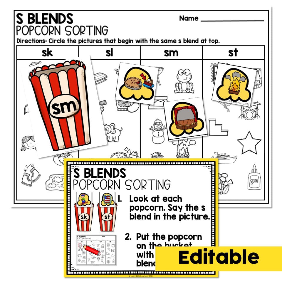 Editable - 1st Grade Phonics Center - S Blends - Lucky Little Learners