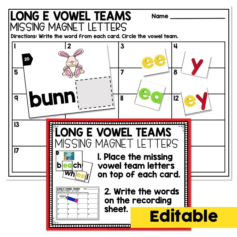 Editable - 1st Grade Phonics Center - Vowel Teams EA EE EY - Lucky ...