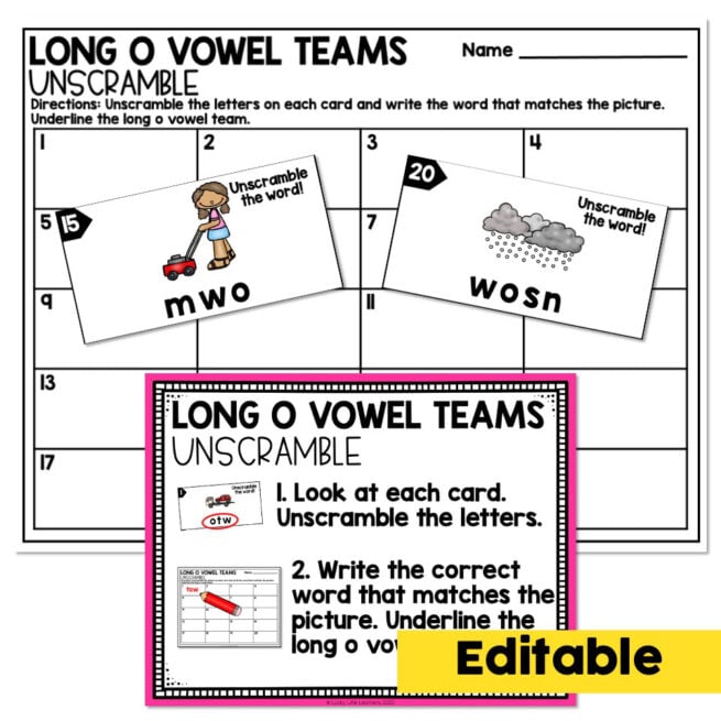 Editable - 1st Grade Phonics Center - Vowel Teams OW, OA, OE - Lucky ...