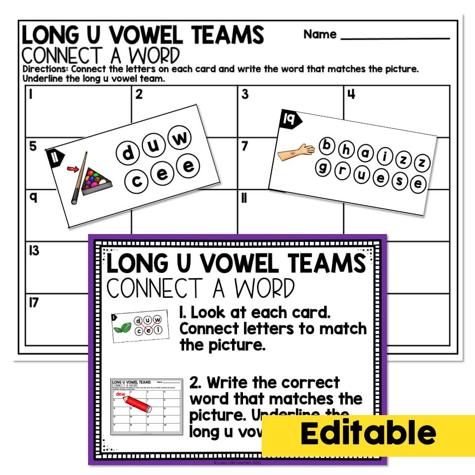 Editable - 1st Grade Phonics Center - Vowel Teams UI, UE, EW - Lucky ...