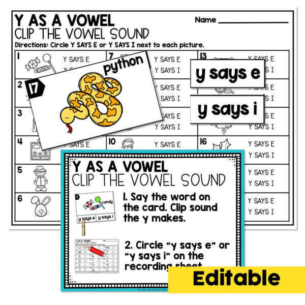 Editable - 1st Grade Phonics Center - Y as a Vowel - Lucky Little Learners