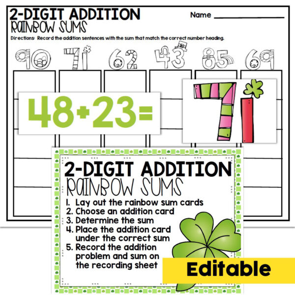Editable - 2nd Grade March Math Center - 2 Digit Addition - Lucky ...