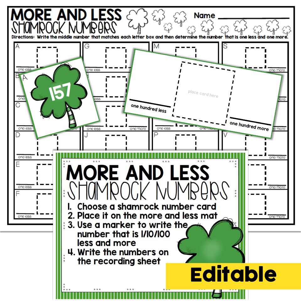 Editable - 2nd Grade March Math Center - More and Less - Lucky Little ...