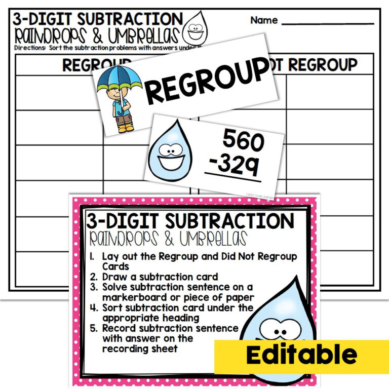Editable - 2nd Grade May Math Center - 3 Digit Subtraction - Lucky ...