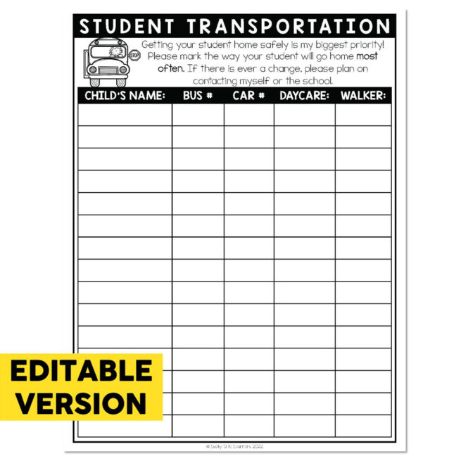 Editable - Classroom Setup - Open House - Transportation Sheet - Lucky ...