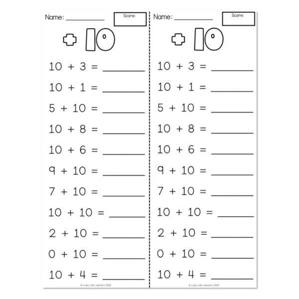 Fact Fluency Timed Tests - Addition - Plus 10 - Lucky Little Learners