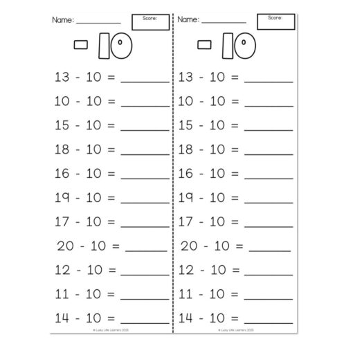 Fact Fluency Timed Tests - Subtraction - Minus 10 - Lucky Little Learners