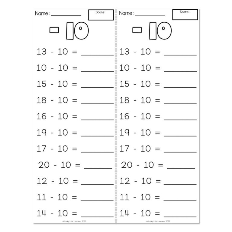 Fact Fluency Timed Tests - Subtraction - Minus 10 - Lucky Little Learners