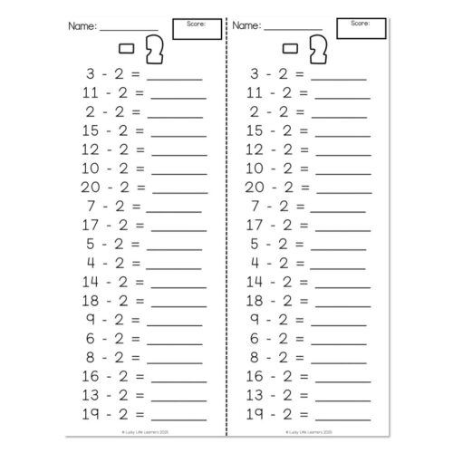 Fact Fluency Timed Tests - Subtraction - Minus 2 - Lucky Little Learners