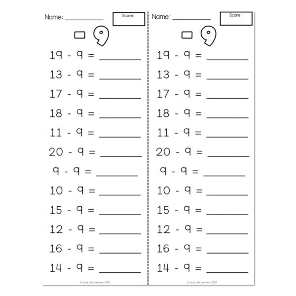 Fact Fluency Timed Tests - Subtraction - Minus 9 - Lucky Little Learners