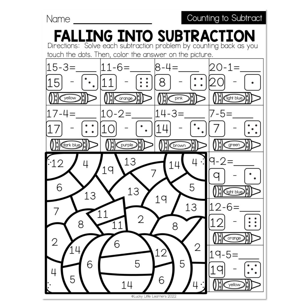 Fall- Early Finishers 1st Grade - Math - Counting to Subtract - Falling ...