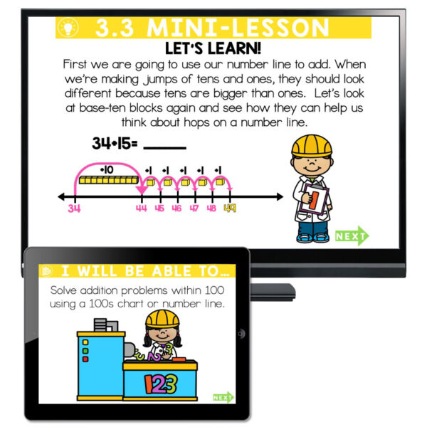 Lucky to Learn Math - 2-Digit Addition on a Number Line - Lesson 3.3 ...