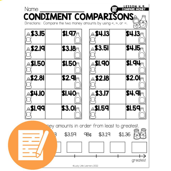 Lucky to Learn Math - Compare Money Amounts - Lesson 4.9 - Independent ...