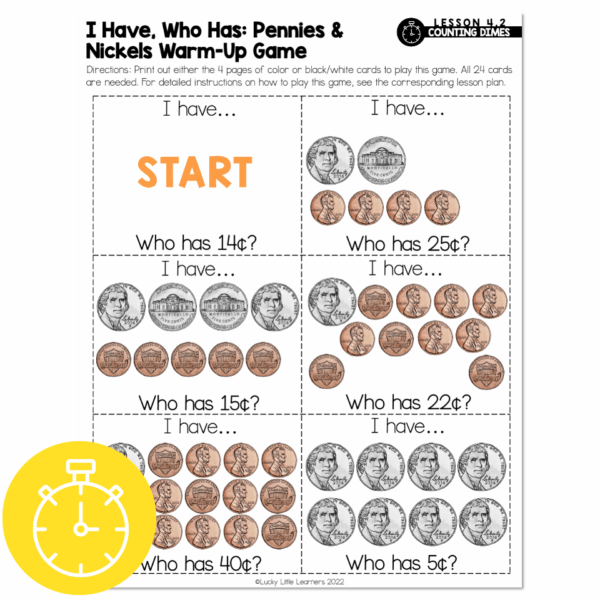 Lucky to Learn Math - Dimes - Lesson 4.2 - I Have, Who Has Pennies and ...