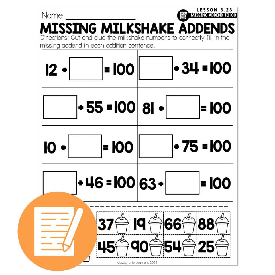 Lucky to Learn Math - Lesson 3.23 - Missing Addend to 100 - Independent ...