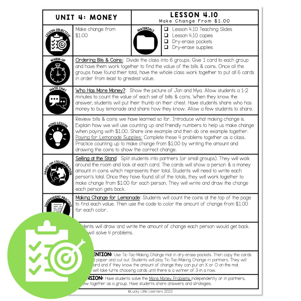 Lucky to Learn Math - Make Change from A Dollar - Lesson 4.10 - Lesson ...
