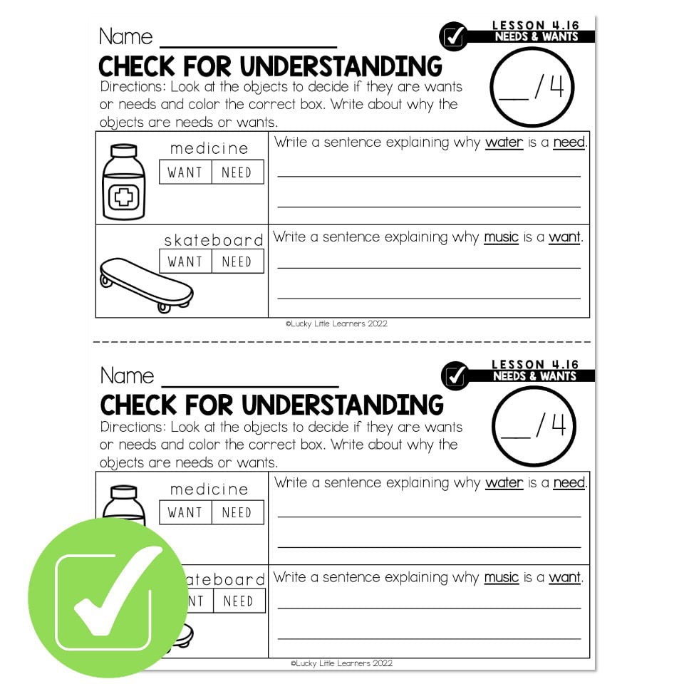 Lucky to Learn Math - Needs and Wants - Lesson 4.16 - Check for ...