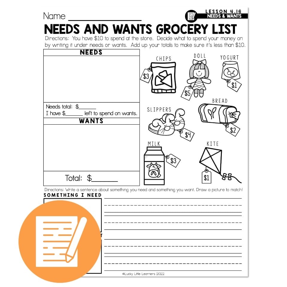 Lucky to Learn Math - Needs and Wants - Lesson 4.16 - Independent ...