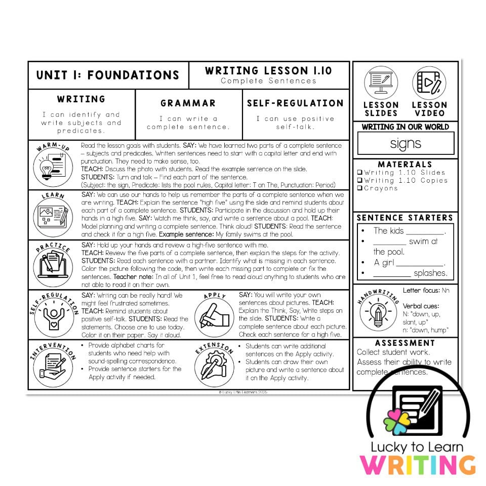 Lucky to Learn Writing 1st Grade - Unit 1 Writing Foundations - Writing ...