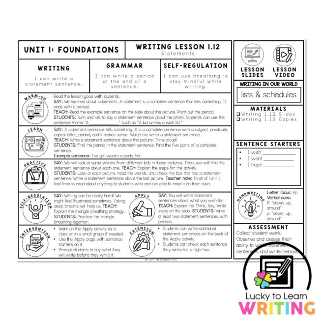 Lucky to Learn Writing 1st Grade - Unit 1 Writing Foundations - Writing ...