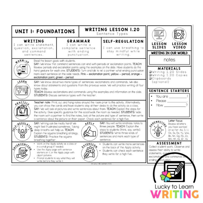 Lucky to Learn Writing 1st Grade - Unit 1 Writing Foundations - Writing ...