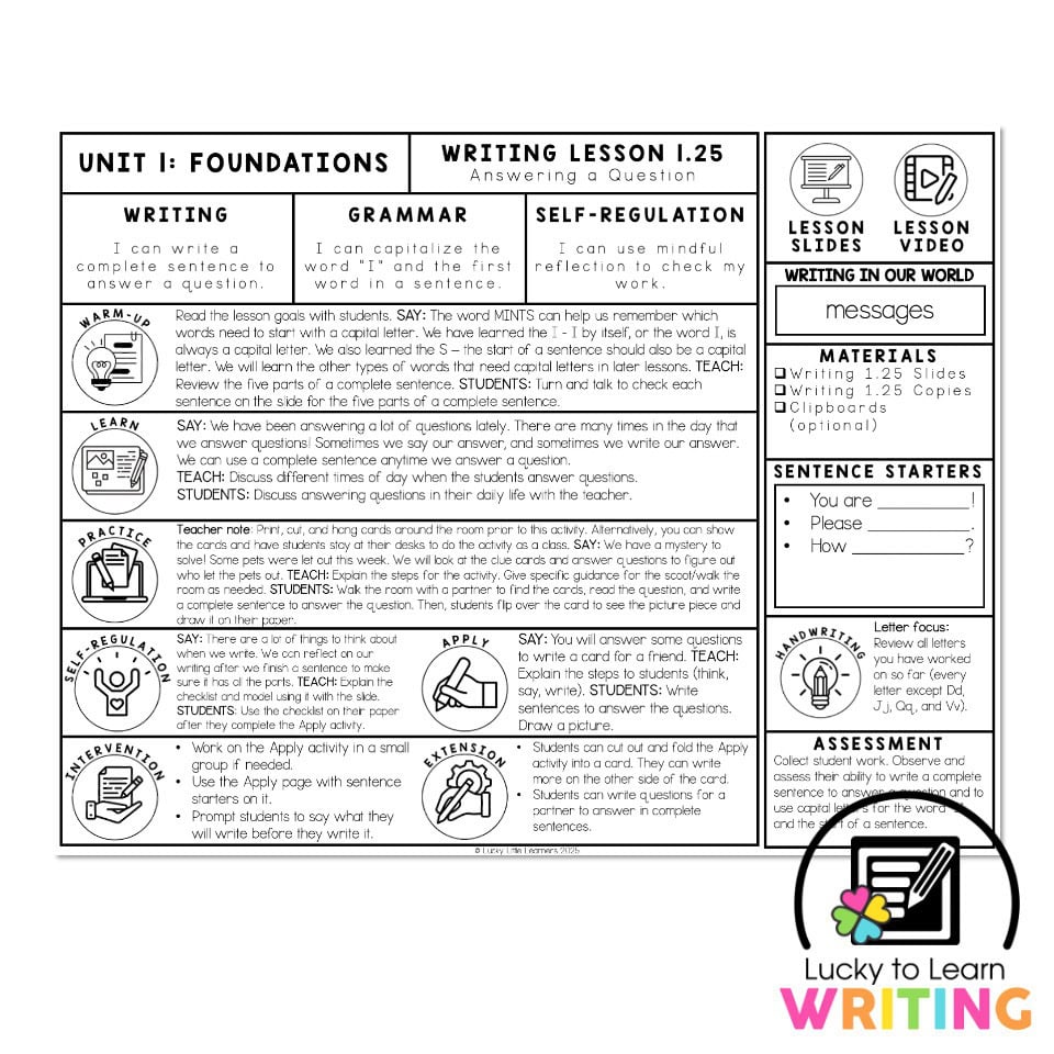 Lucky to Learn Writing 1st Grade - Unit 1 Writing Foundations - Writing ...