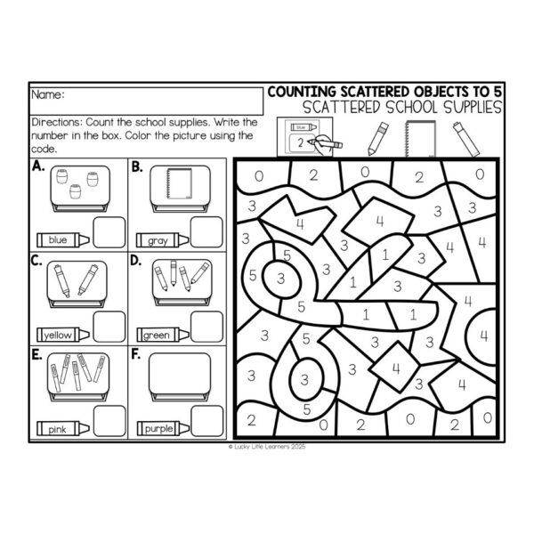 Math Worksheet - August - Counting Scattered Objects to 5 - Scattered ...