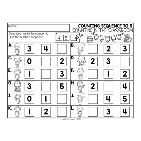 Math Worksheet - August - Counting Sequence to 5 - Counting in the ...