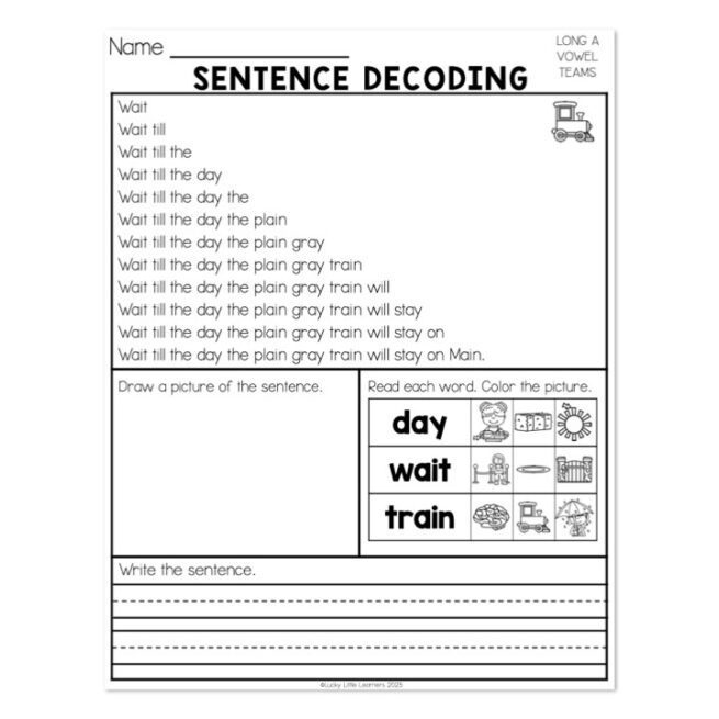 Sentence Decoding - Long A Vowel Teams - Version 1 - Lucky Little Learners