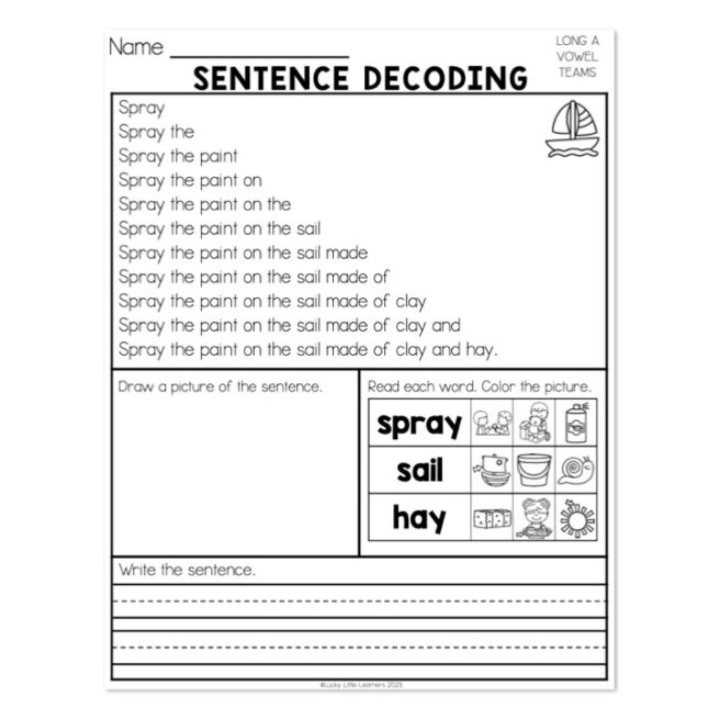 Sentence Decoding - Long A Vowel Teams - Version 3 - Lucky Little Learners