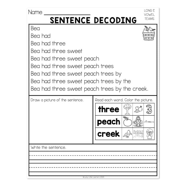 Sentence Decoding - Long E Vowel Teams - Version 2 - Lucky Little Learners