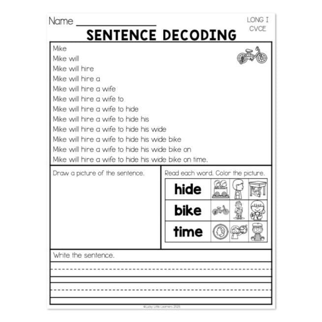Sentence Decoding - Long I CVCE - Version 3 - Lucky Little Learners