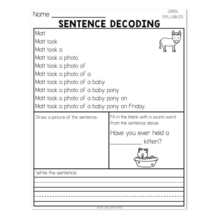 Sentence Decoding - Open Syllables - Lucky Little Learners