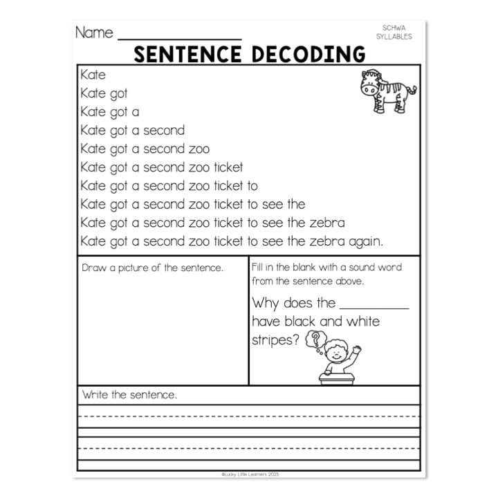 Sentence Decoding - Schwa Syllables - Lucky Little Learners