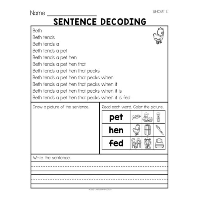 Sentence Decoding - Short E - Version 1 - Lucky Little Learners
