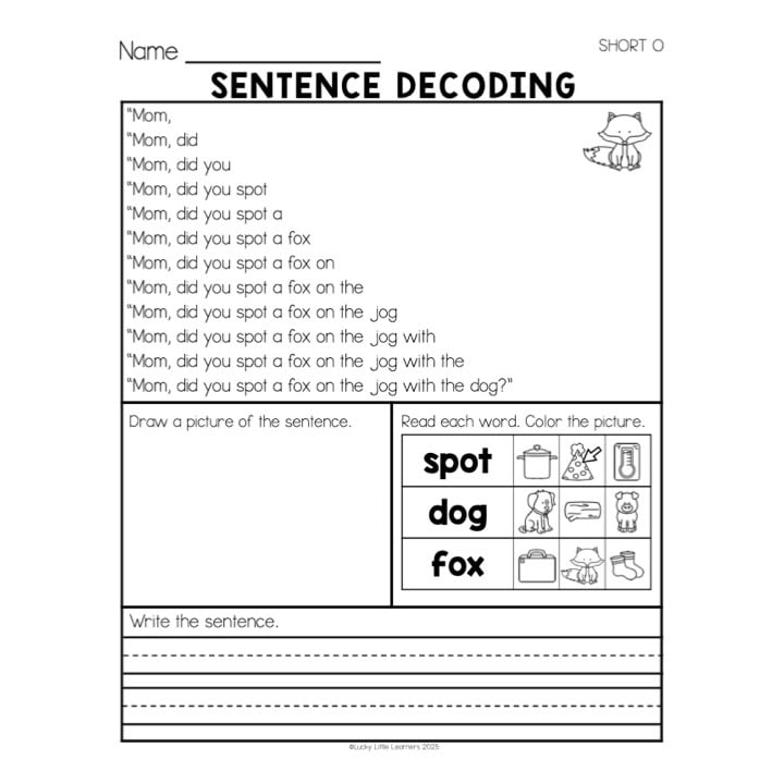 Sentence Decoding - Short O - Version 1 - Lucky Little Learners
