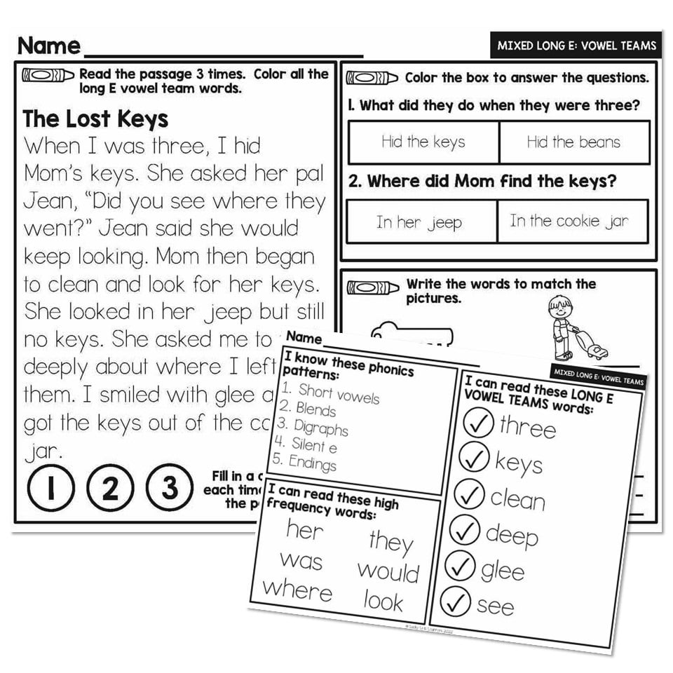 1st Grade Decodable Phonics Passage - Mixed Long E - Vowel Teams ...