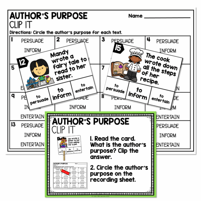 1st Grade Reading Center - Author's Purpose - Lucky Little Learners