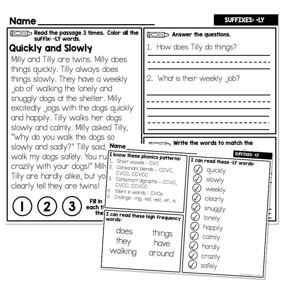 2nd Grade Decodable Phonics Passage - Suffixes - LY - Lucky Little Learners