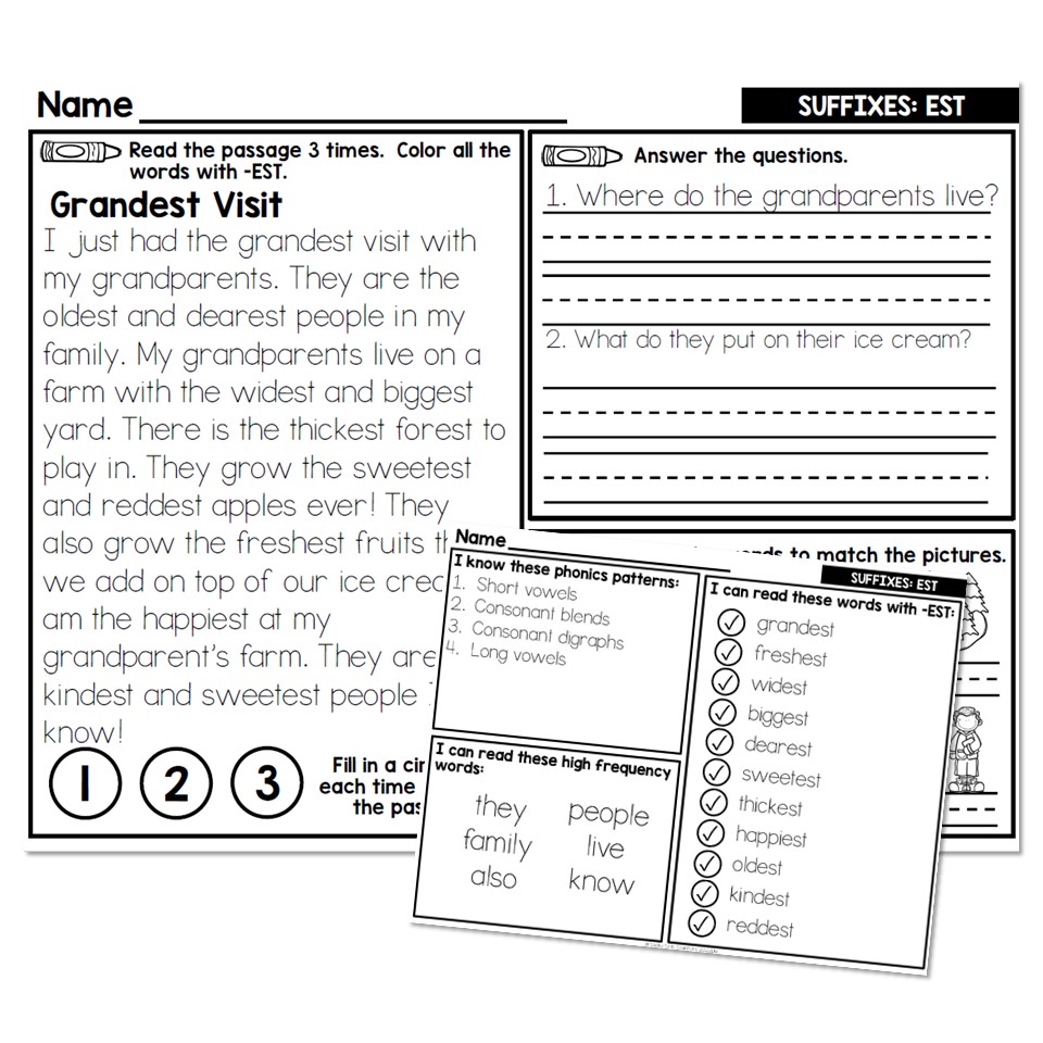 2nd Grade Decodable Phonics Passage - Suffixes - EST - Lucky Little ...