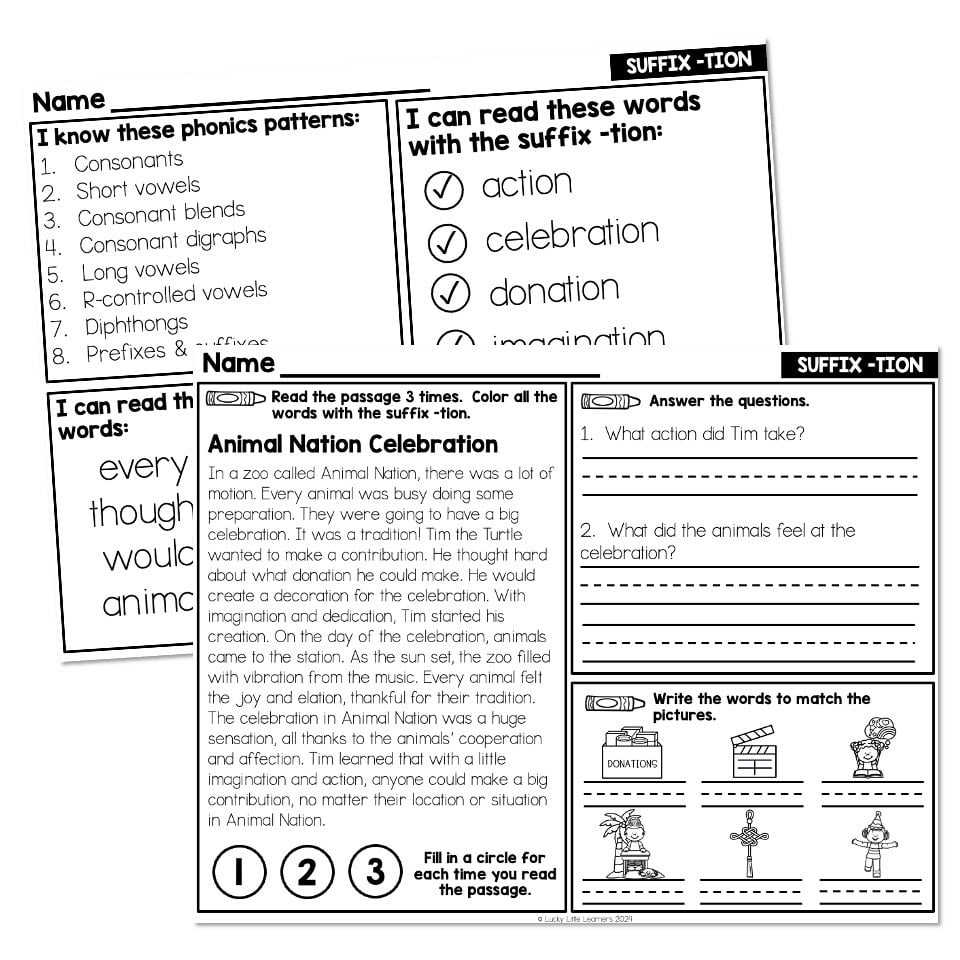 2nd Grade Decodable Phonics Passage - Suffixes - TION - Lucky Little ...