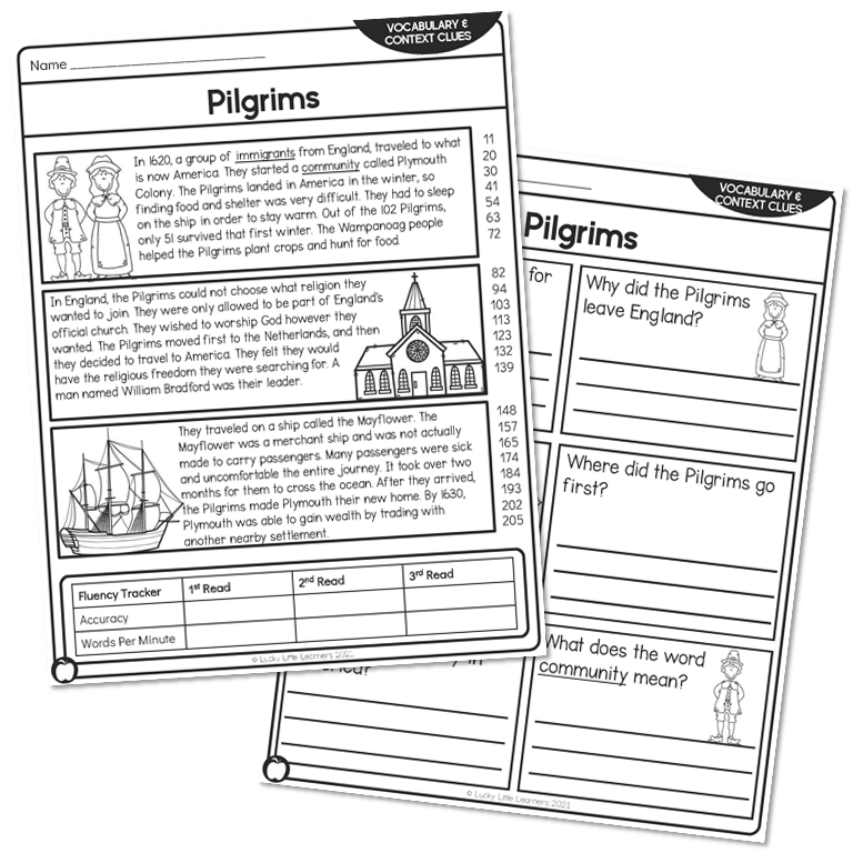 2nd Grade Vocabulary and Context Clues - Pilgrims - Above - Lucky ...