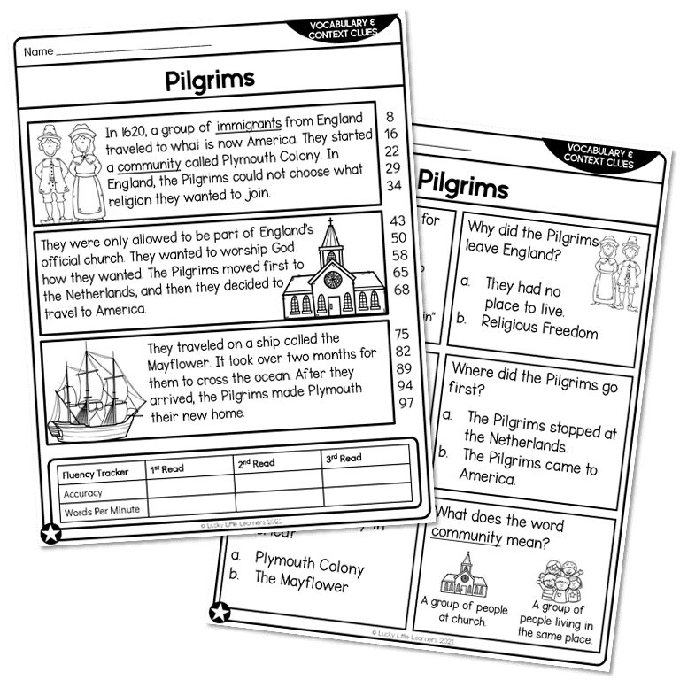2nd Grade Vocabulary and Context Clues - Pilgrims - Below - Lucky ...