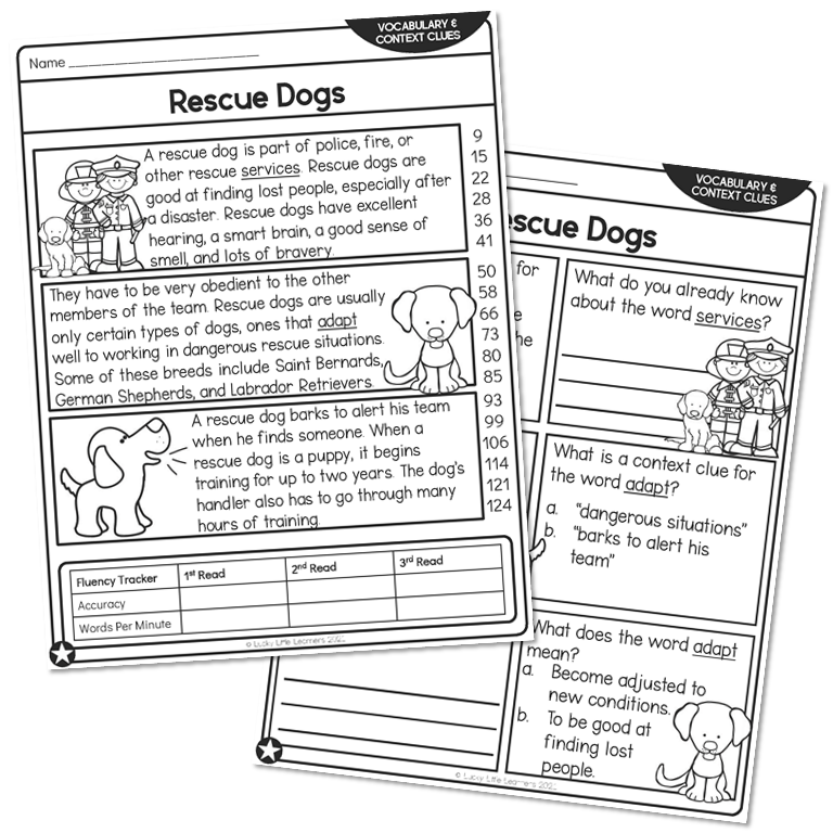 2nd Grade Vocabulary and Context Clues - Rescue Dogs - Below - Lucky ...