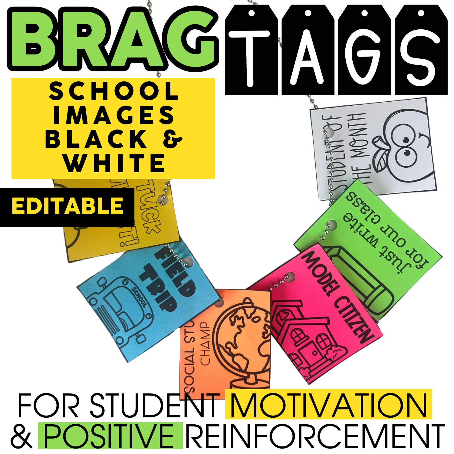 Editable B&W Brag Tags - School - Lucky Little Learners