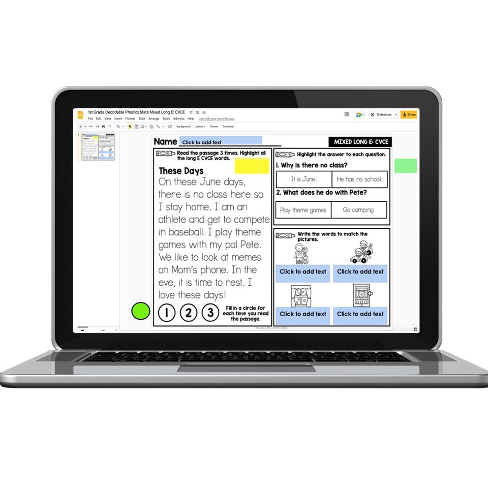 Digital 1st Grade Decodable Phonics Passage - Mixed Long E - CVCE ...