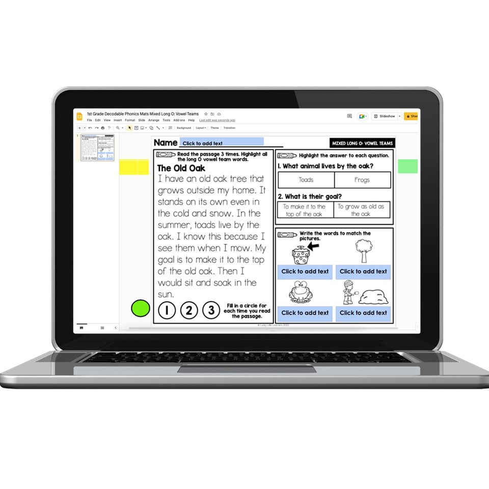 Digital 1st Grade Decodable Phonics Passage - Mixed Long O - Vowel ...